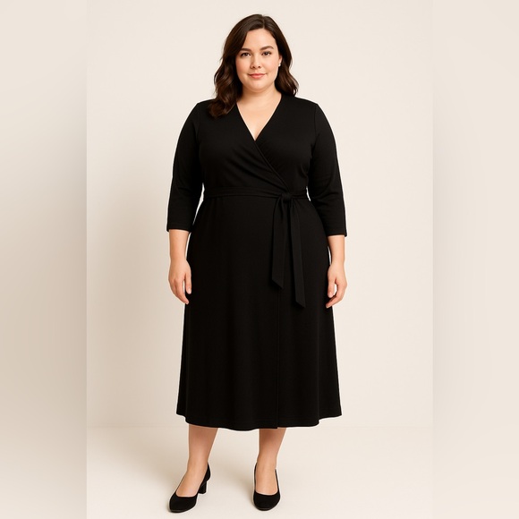 Talbots | Dresses | Talbots Black Fauxwrap Dress Flattering Stretch ...